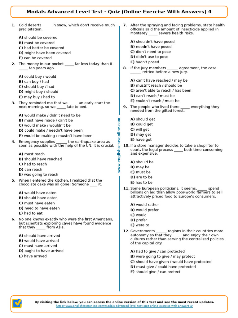330 Modals Advanced Level Test Quiz Online Exercise With Answers 4 | PDF