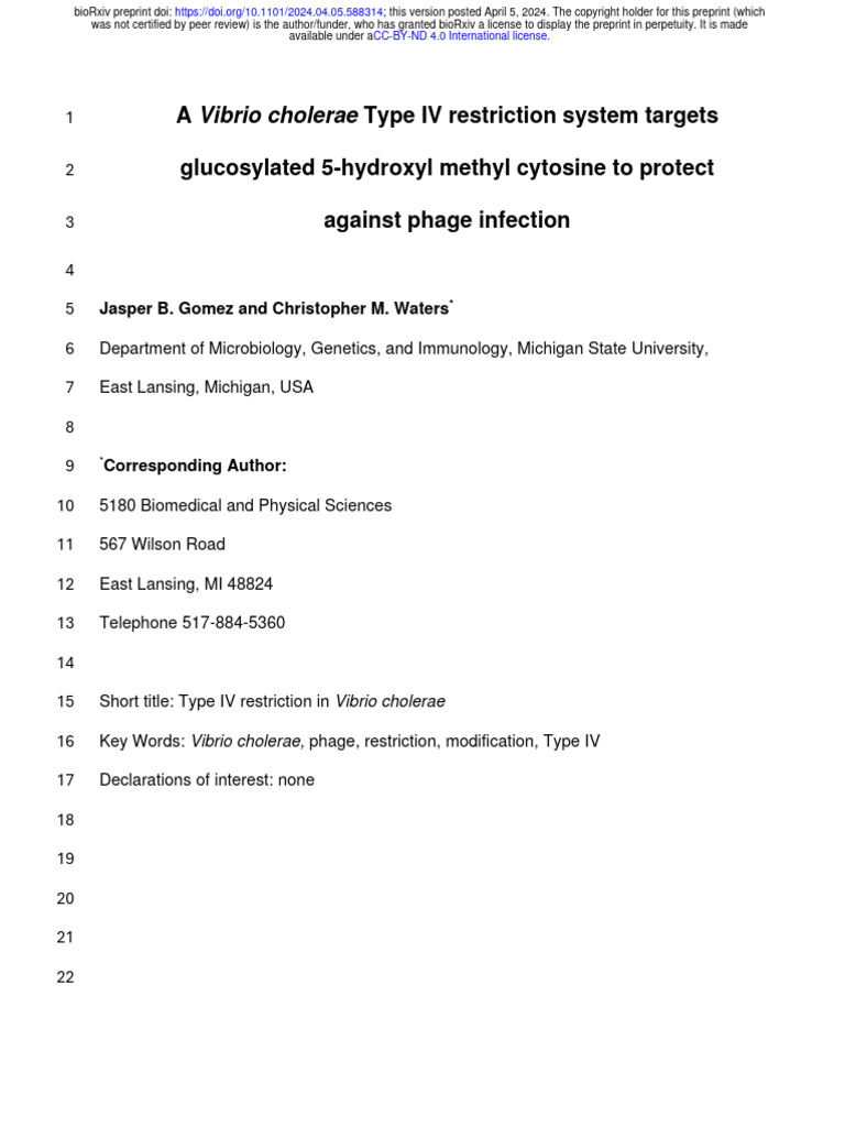 A Vibrio Cholerae Type IV Restriction System Targe | PDF ...