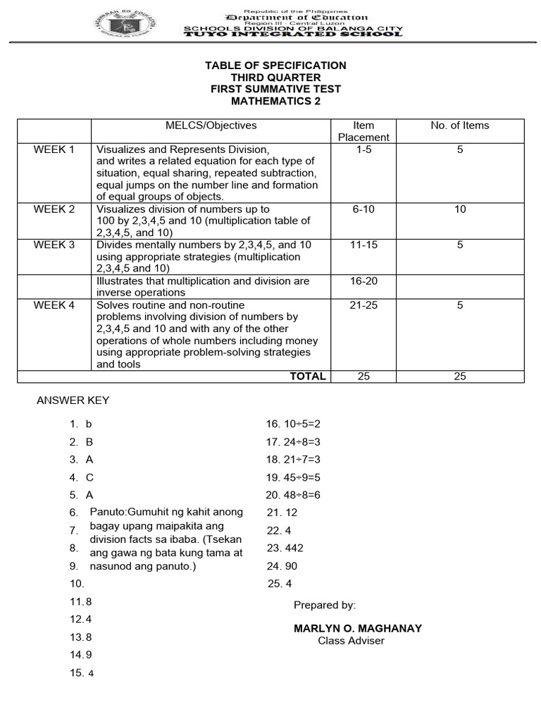 First Summative Test in Math-3rd Quarter | PDF