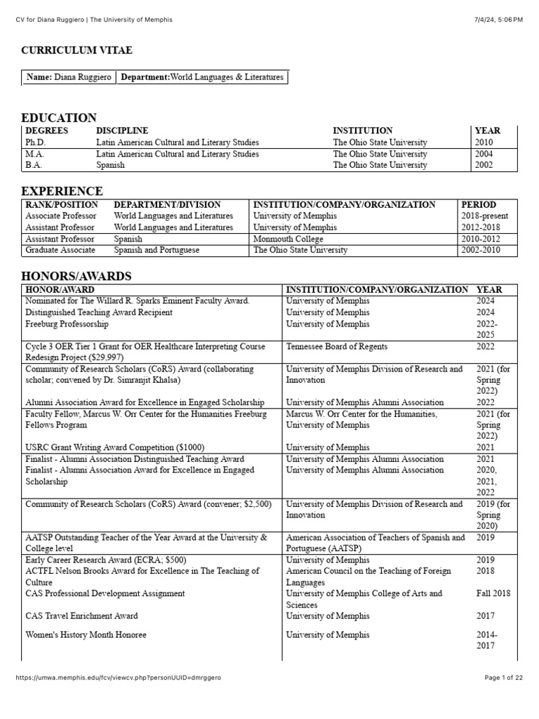 CV for Diana Ruggiero | the University of Memphis | Download Free PDF | Spanish Language ...
