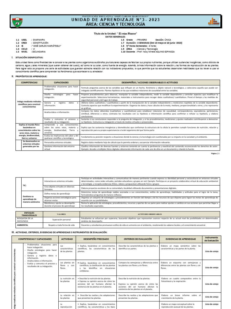 UNIDAD 3 - Primer Grado | PDF | Aprendizaje | Evaluación
