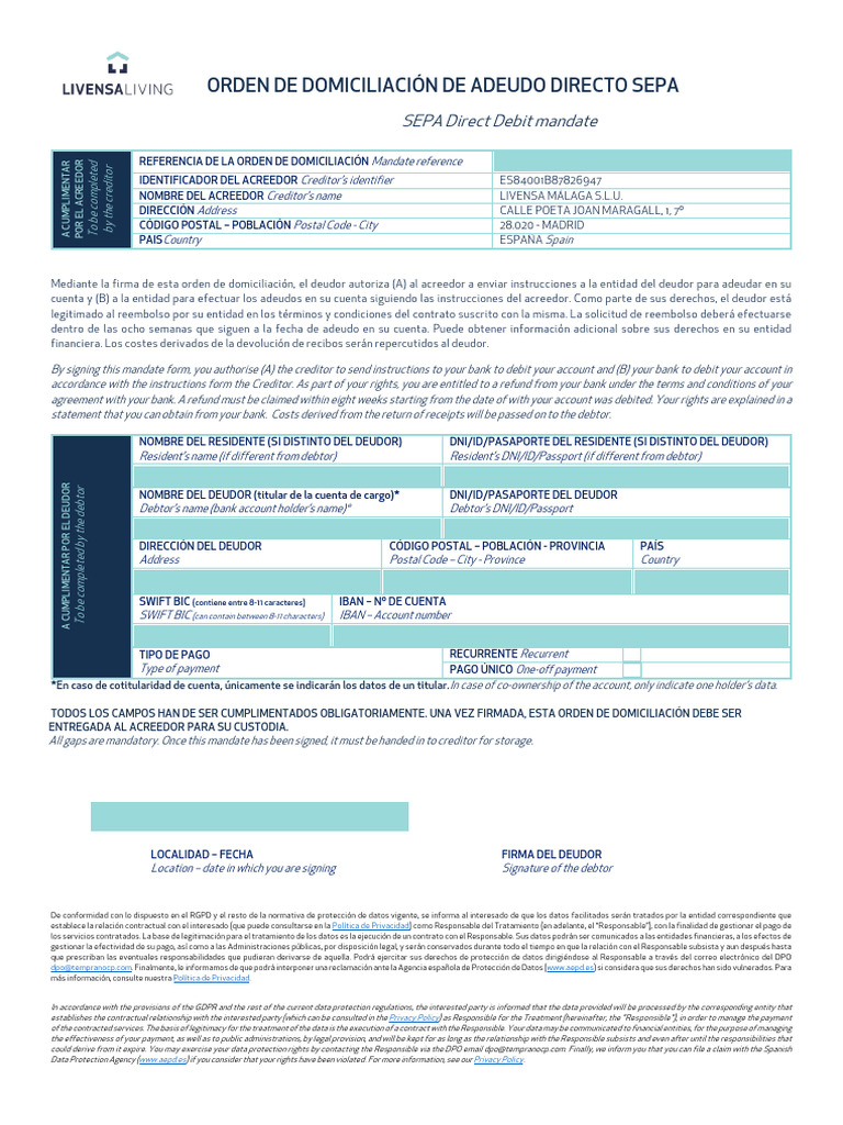 Orden de Domiciliaci N de Adeudo Directo Sepa M Laga Sepa Mandate | PDF