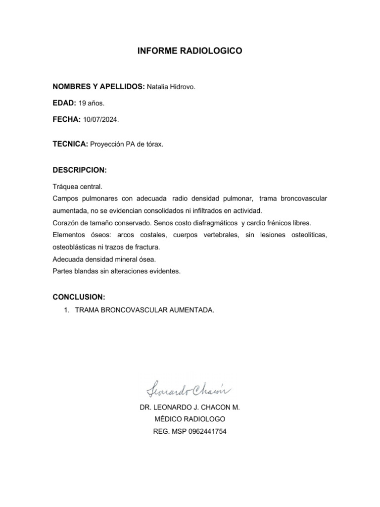 Informe RX de Tórax Natalia Hidrovo | PDF