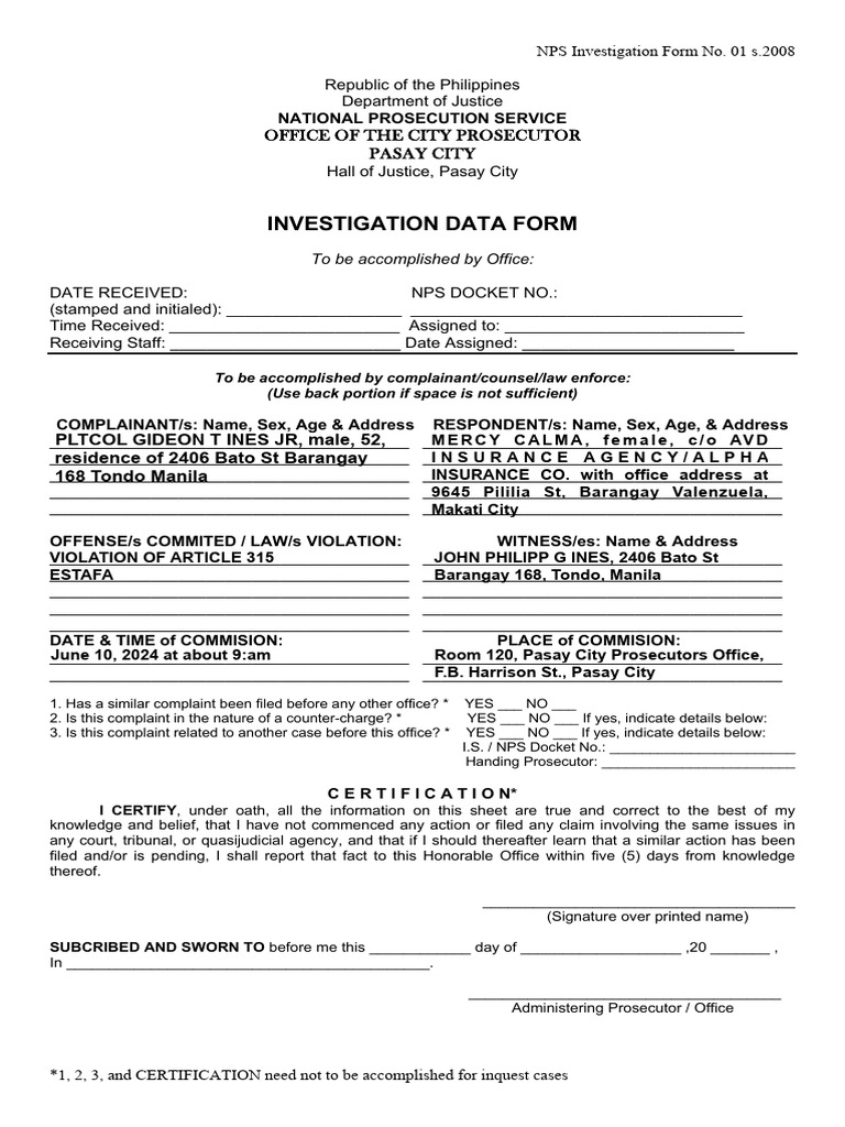 Investigation Data Form | PDF | Crimes | Crime & Violence