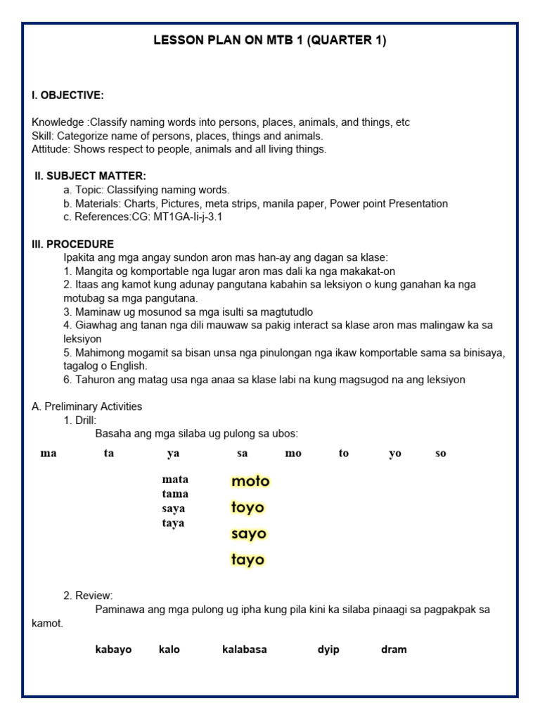 Lesson Plan MTB Q1 | PDF
