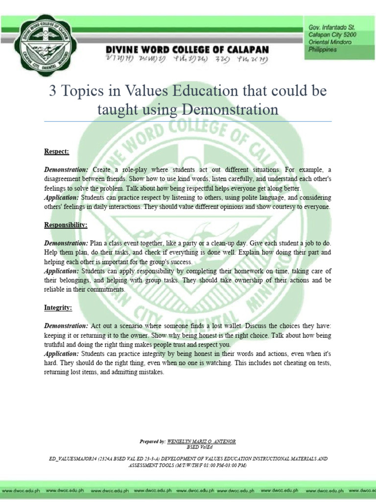 3 Topics in Values Education That Could Be Taught Using Demonstration ...