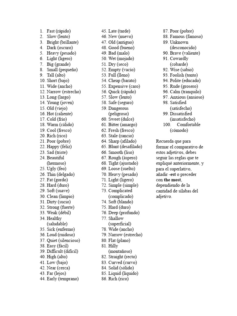 Lista de 100 Adjetivos en Español | PDF