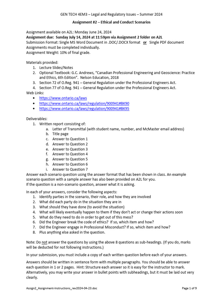 Assign2 - Assignment Instructions - Rev2024 04 23 | PDF | Engineer | Consultant