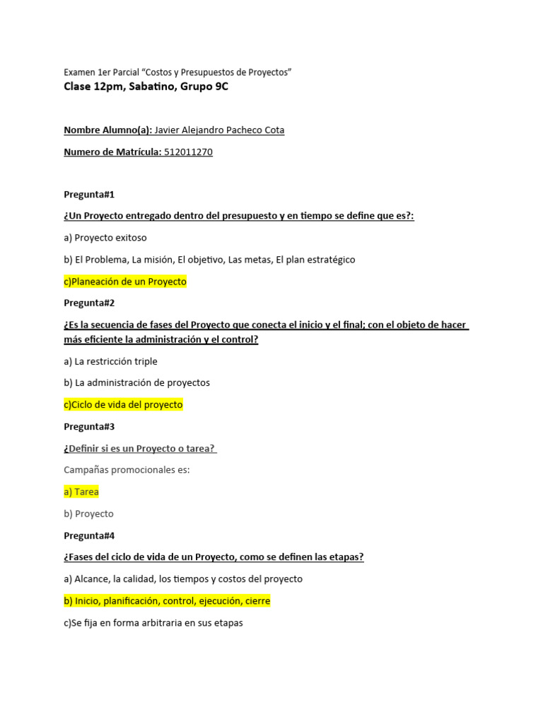 Examen Primer Parcial CPP | PDF | Gestión de proyectos | Planificación