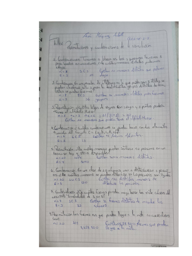 León - Márquez - Arleth - Del - Rocío - TALLER. - Permutación y Combinaciones de La Simulacion | PDF