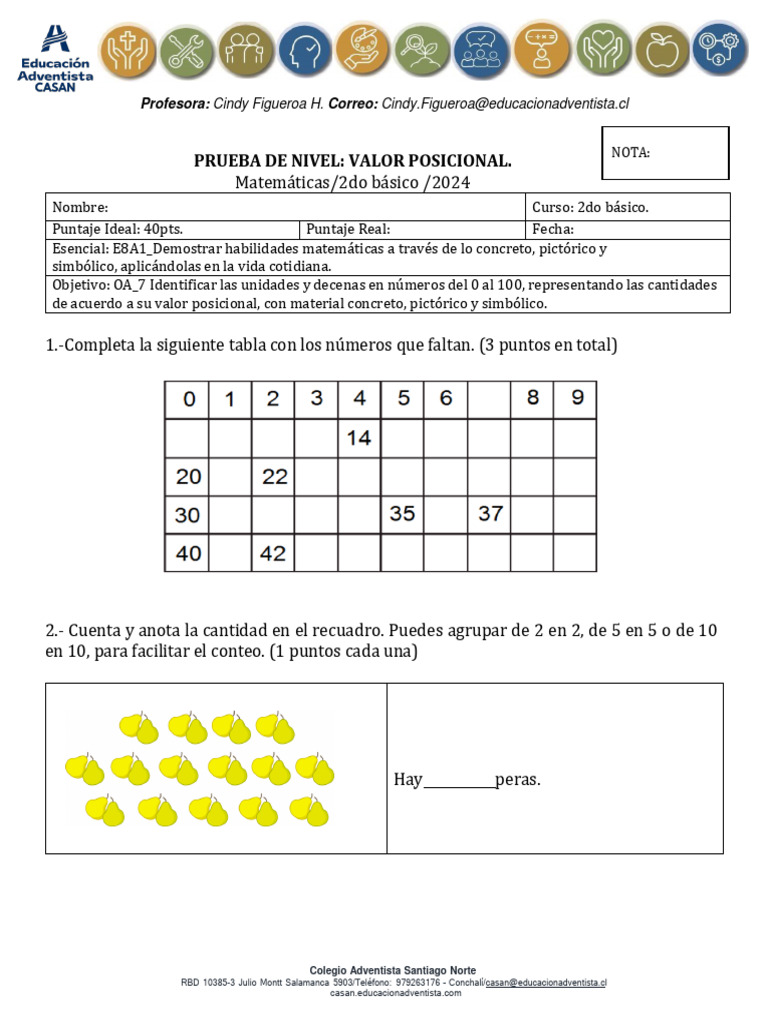 Prueba Matemáticas Valor Posicional (Forma 1) | PDF