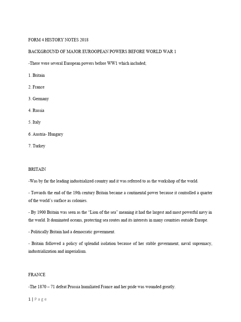 Form 4 History Notes 2018 | PDF | Austria Hungary | Allies Of World War I