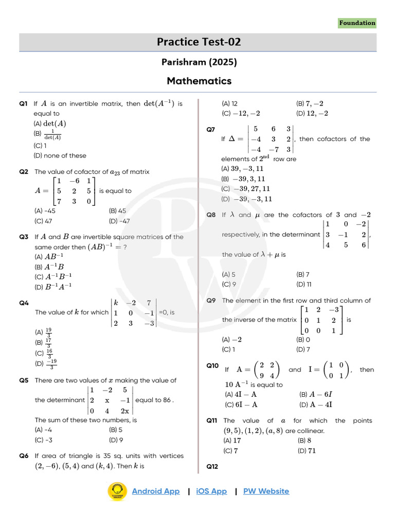 Practice Test 02 - Test Paper (Maths) | PDF | Matrix (Mathematics ...