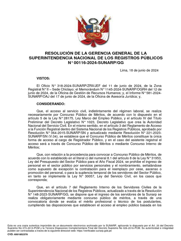 Resolucion de La Gerencia General de La Sunarp N 116 2024 Sunarp GG | PDF | Regulación | Gobierno