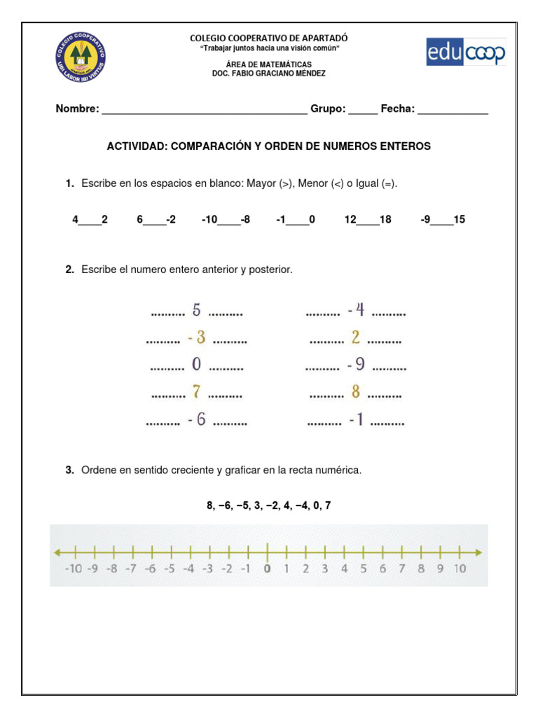 Actividad 2 Comparacion y Orden Numeros Enteros | PDF