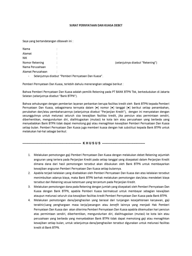 Surat Kuasa Debet New | PDF | Pengelolaan Keuangan & Uang