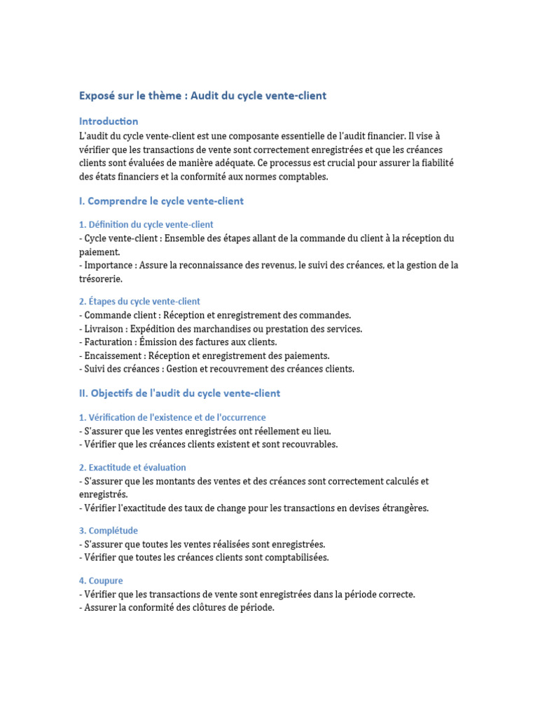 Audit du cycle vente-client expliqué | PDF | Audit | Audit financier