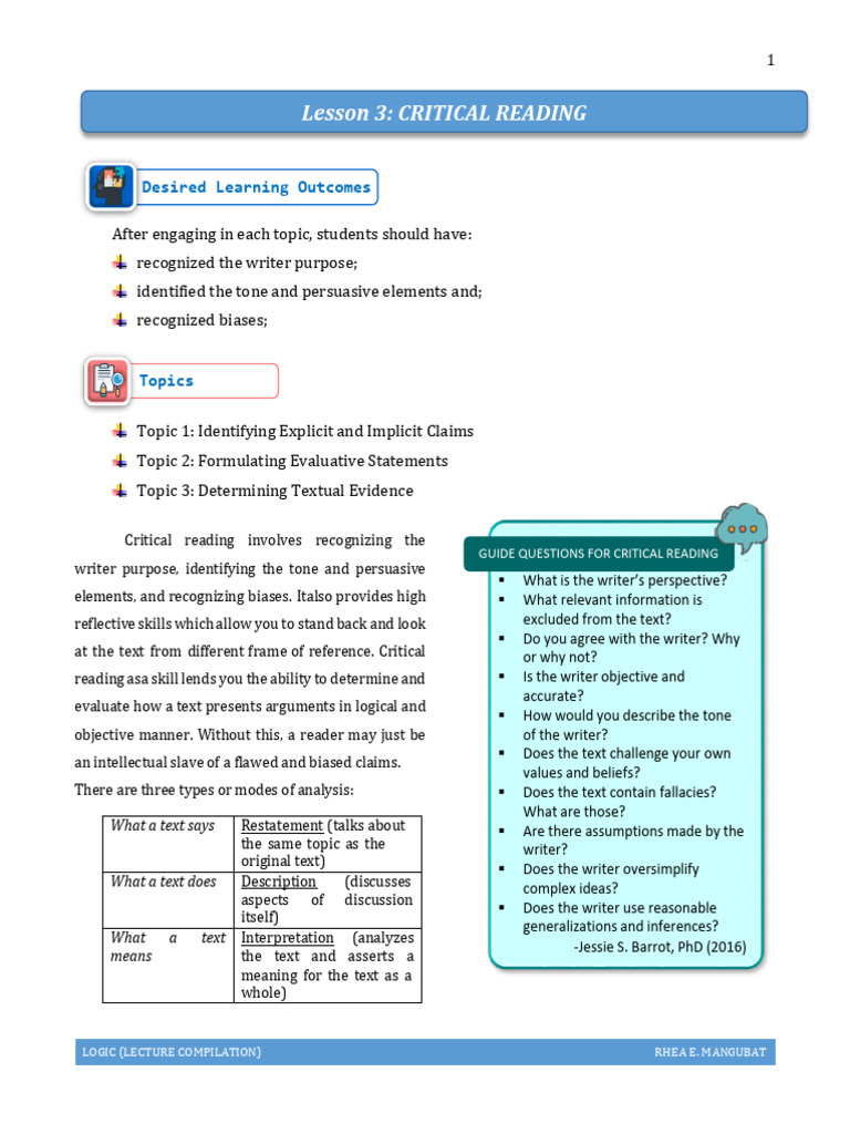 Lesson 3 - CRITICAL READING | PDF | Evidence | Bias