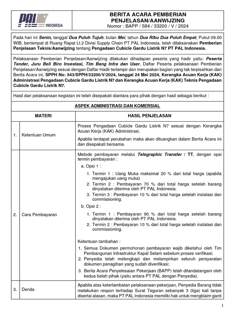 Draft BA Aanwijzing Cubicle Gardu N7 | PDF