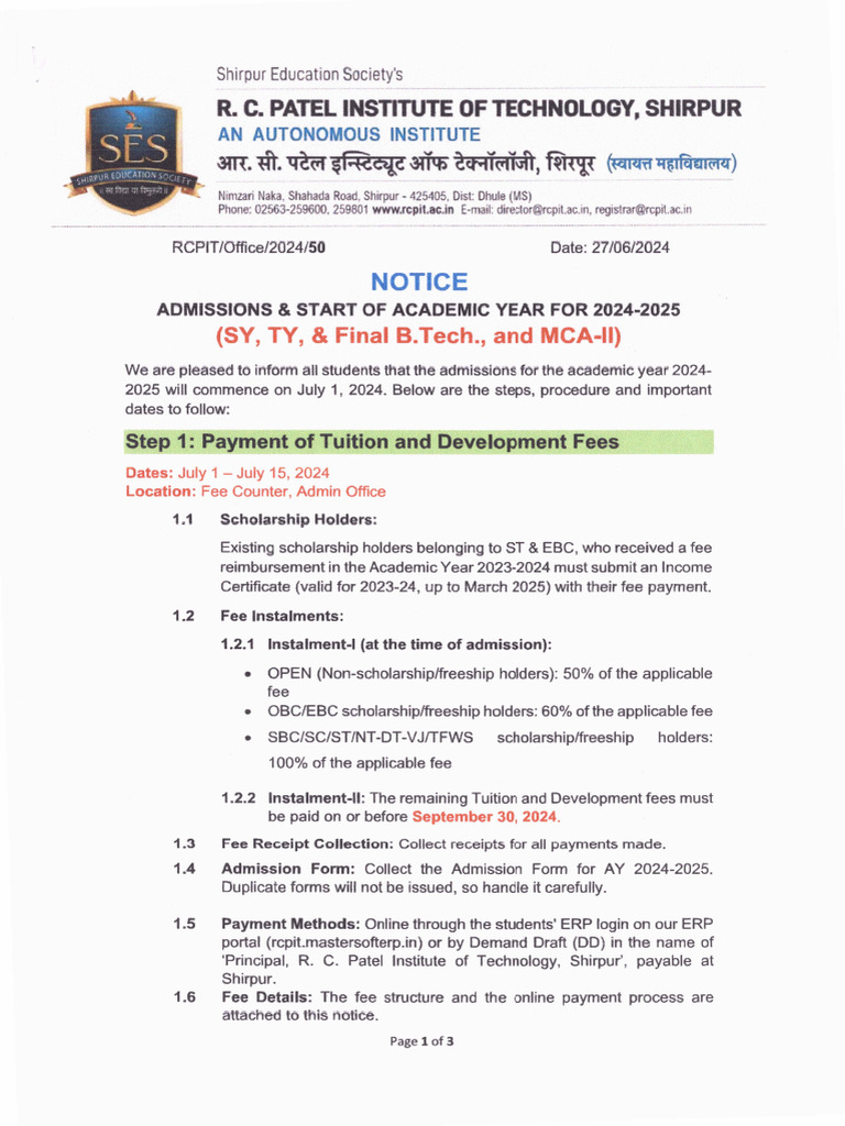 REGULAR ADMISSION PROCESS - Notice 2025 (SY-TY-BY-MCA-II) - 240702 - 082524 | PDF