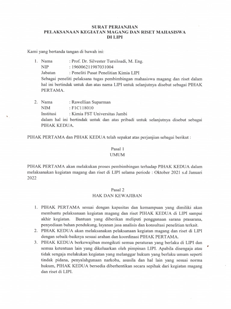 SURAT PERJANJIAN MAGANG DAN RISET LIPI (Rawellian, Aan Dan Desy) | PDF