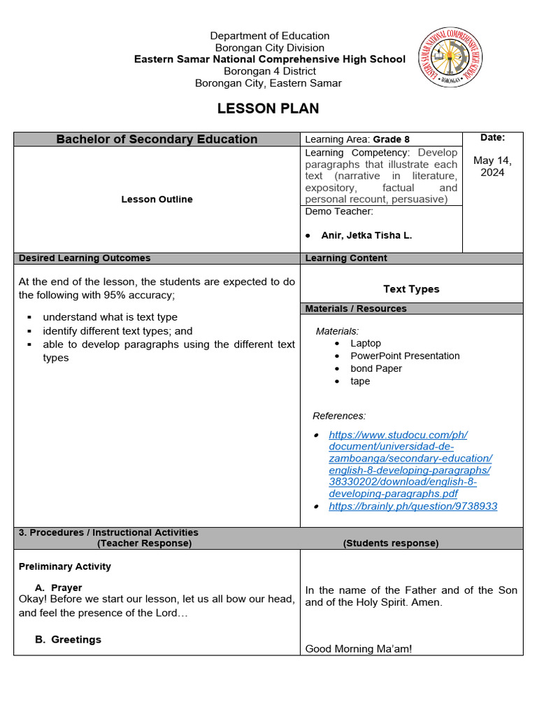 G8 Lesson Plan - Text Types | PDF | Cognition | Human Communication