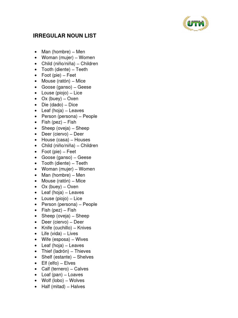 Irregular Nouns List | PDF | Social Science | Foreign Language Studies