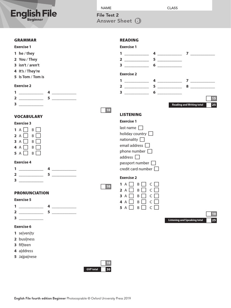 EF4e Beg File Test 2B Answer Sheet | PDF | Linguistics | Human ...