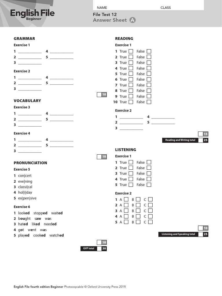 EF4e Beg File Test 12A Answer Sheet | PDF | Linguistics | Human ...