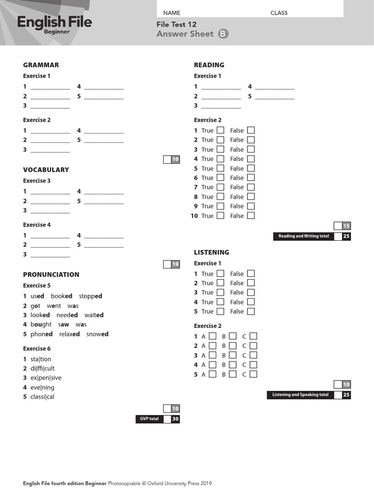 EF4e Beg File Test 12B answer sheet | PDF | Linguistics | Human ...