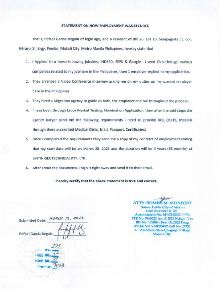 Notarized Statement How Worker Secure His Employment | PDF
