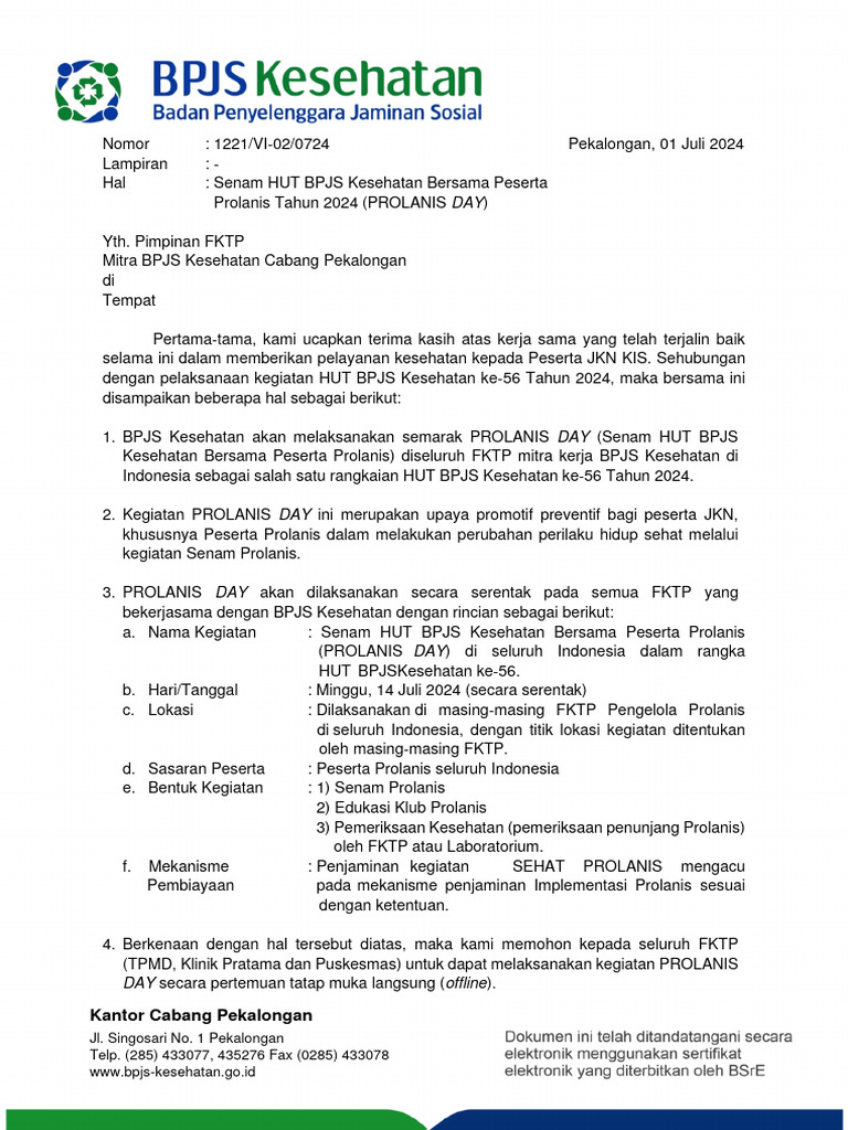 Surat Prolanis Day Ke FKTP | PDF