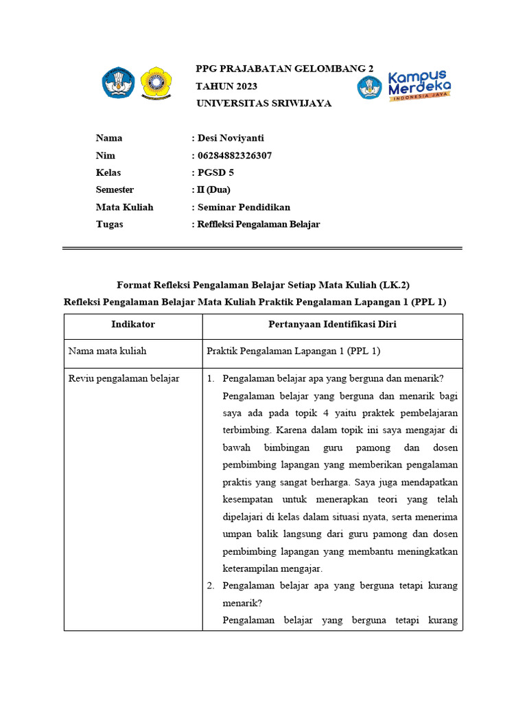 Refleksi Pengalaman Belajar MK PPL 1 Semester 1 | PDF
