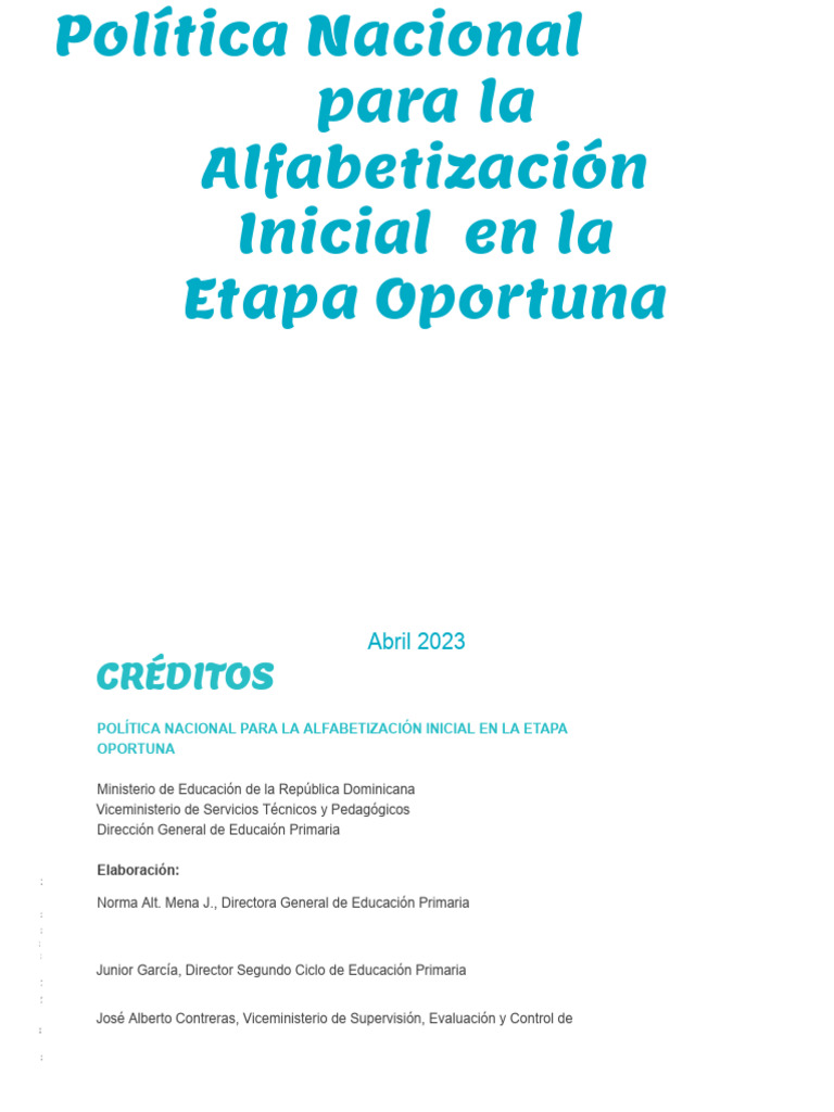 Política Nacional para La Alfabetización Inicial en La Etapa Oportuna - VF | PDF | Literatura ...