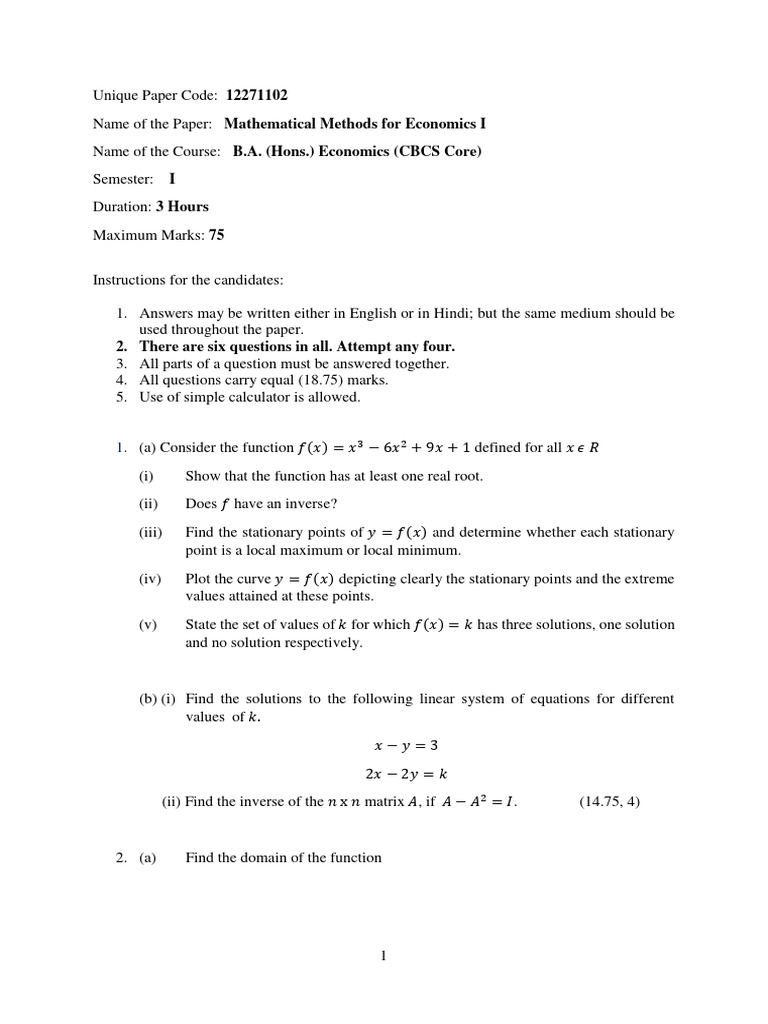 Mathematical Methods for Economics I | PDF