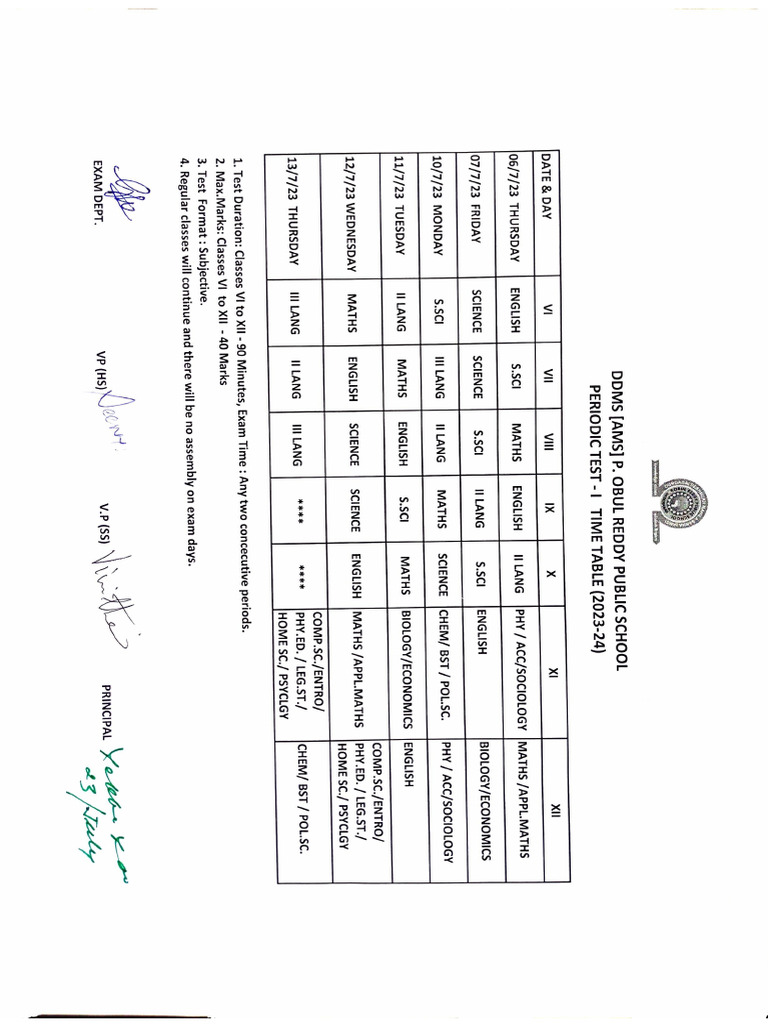DDMS PORPS Periodic Test - I Time Table 2023-24 For Classes VI - XII | PDF