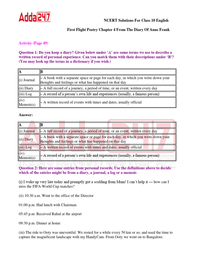 NCERT Solutions For Class 10 English First Flight Chapter 4 From The Diary of Anne Frank | PDF ...