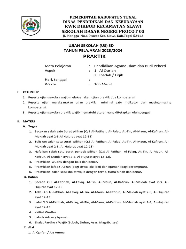 NASKAH Ujian PRAKTIK SDN PROCOT 03 SLAWI 2024 | PDF