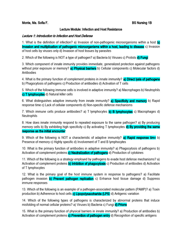 Monte, Ma. Sofia F. (Microbiology and Parasitology Answer) | PDF | Immune System | Innate Immune ...