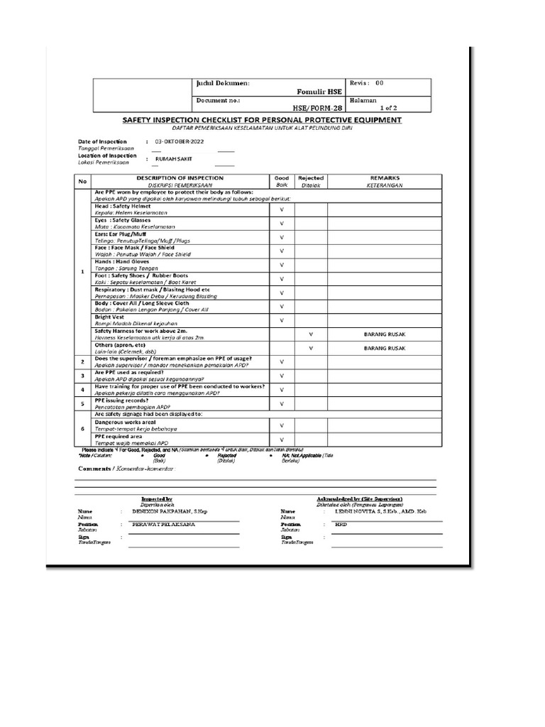 Check Sheet Inspeksi Apd | PDF