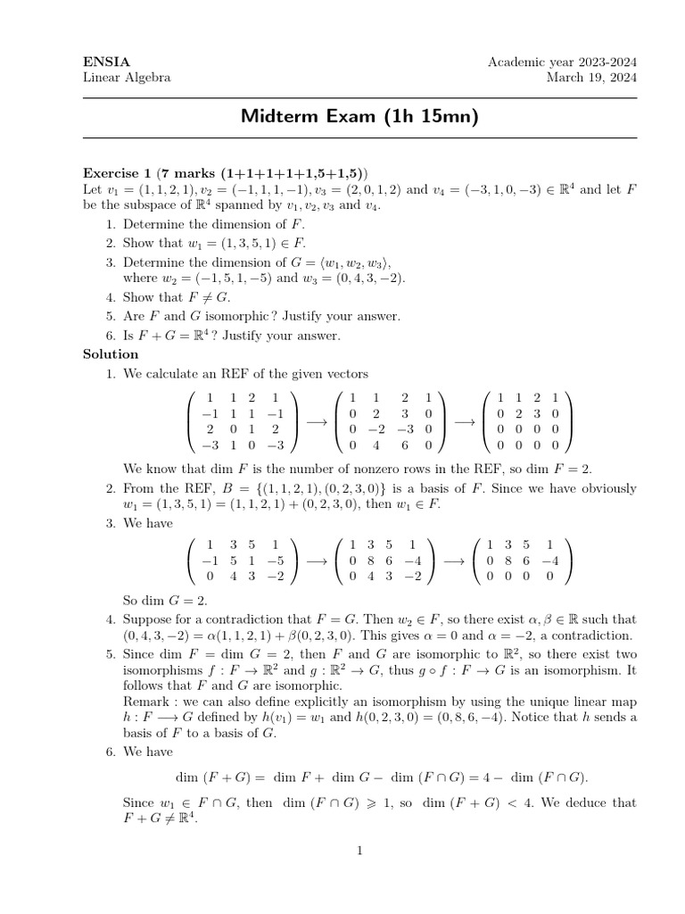 Final Exam Linear Algebra 2024 Corrigé | PDF | Linear Subspace | Linear Algebra