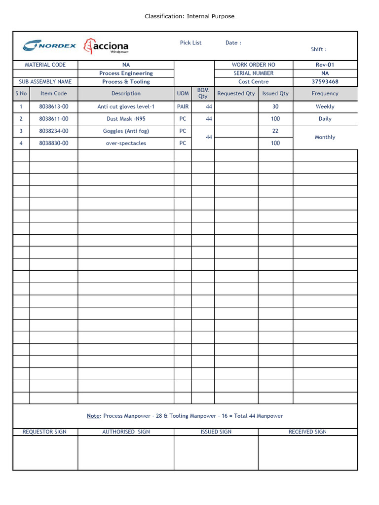 Picklist Template - Process & Tooling - 37593468-Rev-01-13-Mar-24 | PDF