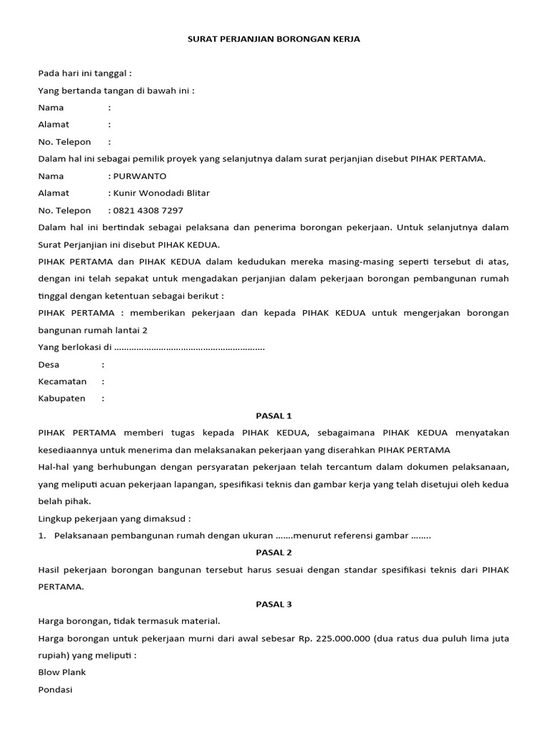 Surat Perjanjian Borongan Kerja | PDF | Pengelolaan Keuangan & Uang | Hukum