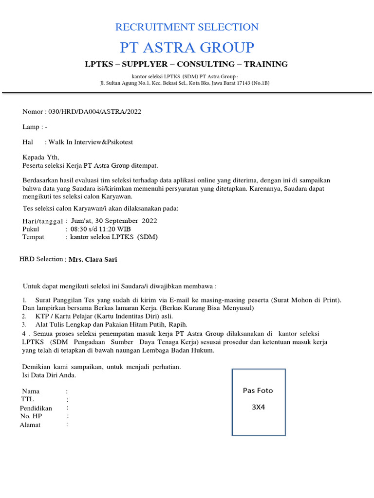 Surat Panggilan Interview Kerja PT Astra Group | PDF