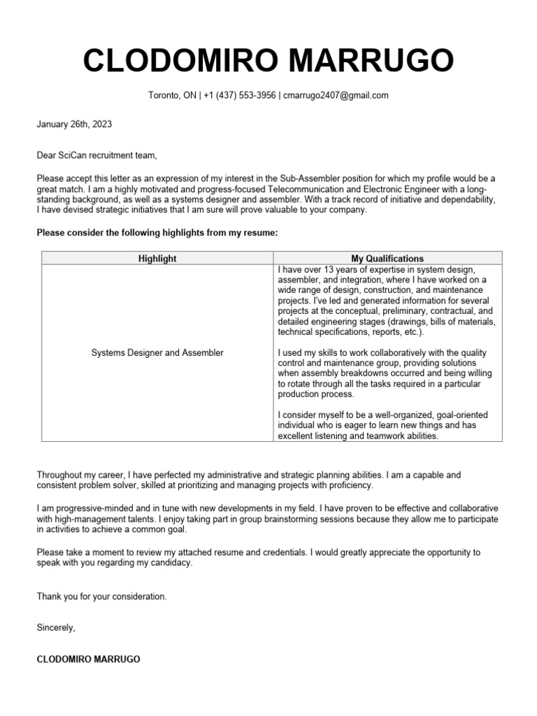 Assembly Cover Letter | PDF | Human Communication | Cognitive Science