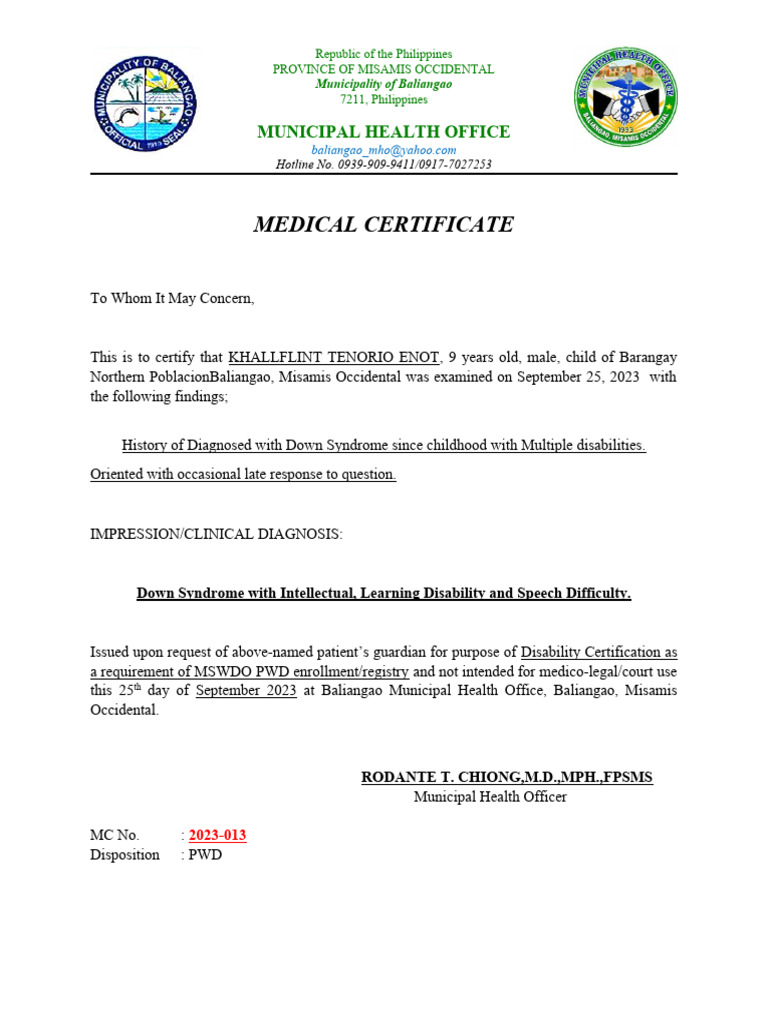 Medical Certificates for PWD Enrollment | PDF | Disability | Doctor Of ...