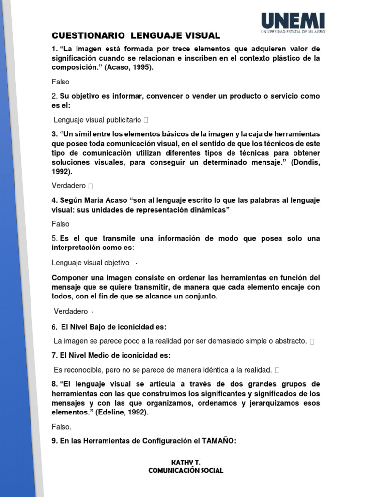 Cuestionario Lenguaje Visual. K | PDF | Comunicación | Imagen