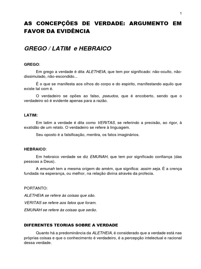 AS CONCEPÇÕES DE VERDADE - Diferentes Teorias Sobre A Verdade. | PDF ...
