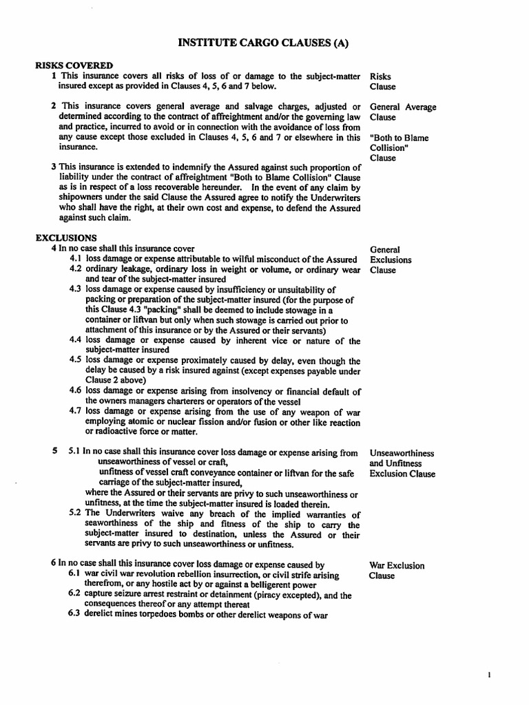 Institute Cargo Clauses A | PDF