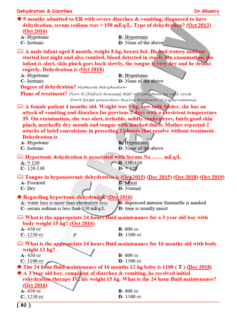 Diarrhea MCQs & Cases | PDF | Dehydration | Diarrhea